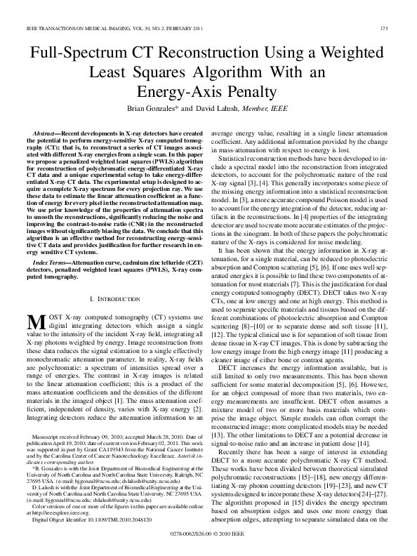 Pdf Full Spectrum Ct Reconstruction Using A Weighted Least Squares Algorithm With An Energy