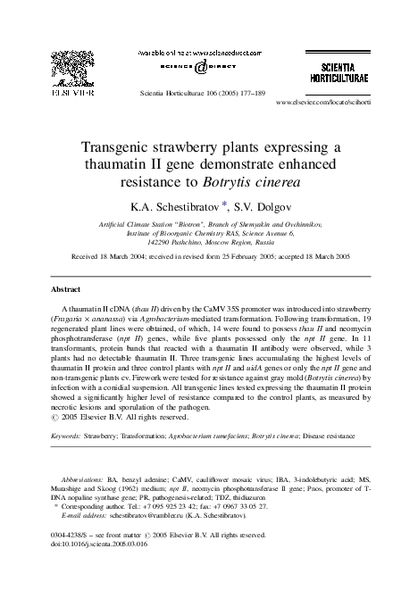 (PDF) Transgenic strawberry plants expressing a thaumatin II gene ...