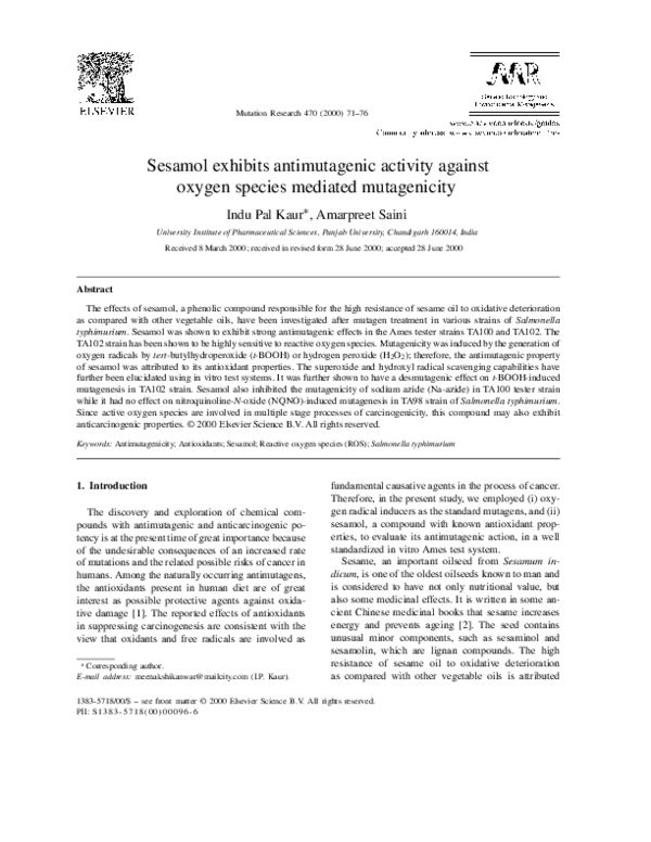 (PDF) Sesamol exhibits antimutagenic activity against oxygen species ...