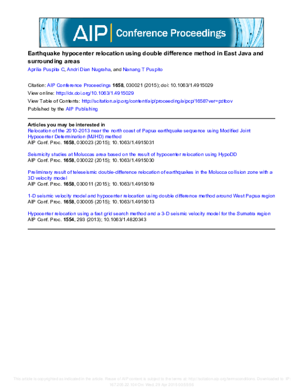 (PDF) Earthquake hypocenter relocation using double difference method ...