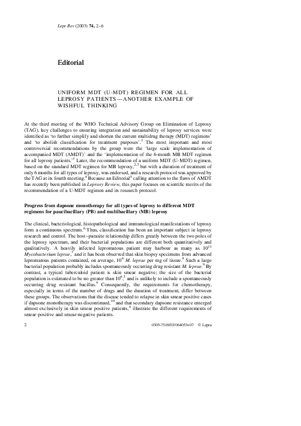 (PDF) Uniform MDT (U-MDT) regimen for all leprosy patients--another ...