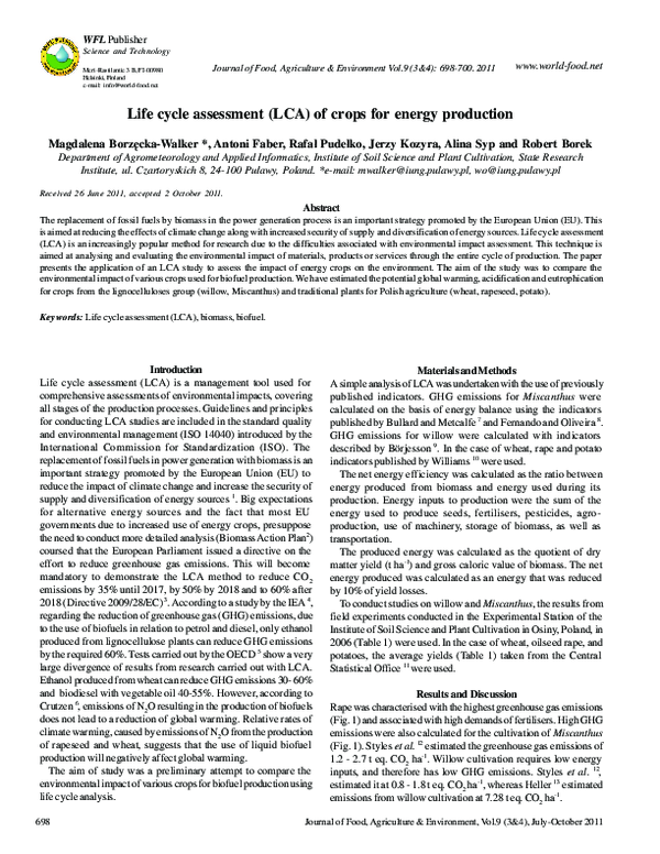 (PDF) Life cycle assessment (LCA) of crops for energy production