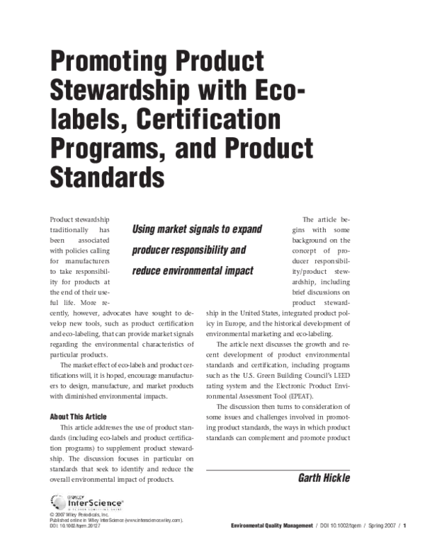 (PDF) Promoting product stewardship with eco-labels, certification ...