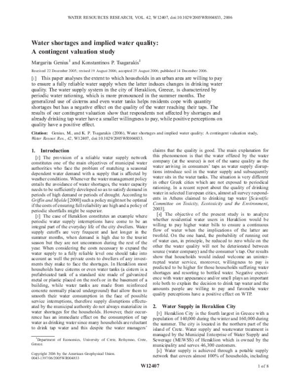 (PDF) Water shortages and implied water quality: A contingent valuation ...