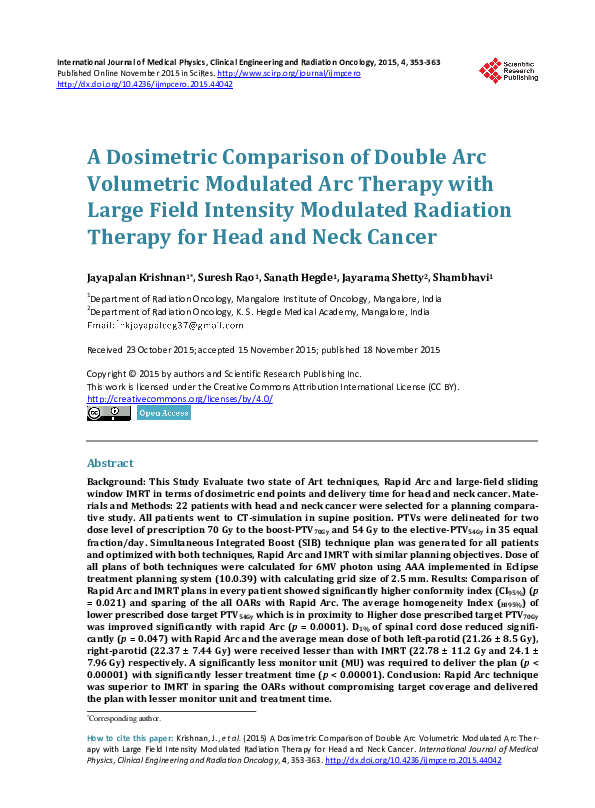 (PDF) A Dosimetric Comparison of Double Arc Volumetric Modulated Arc Therapy with Large Field ...