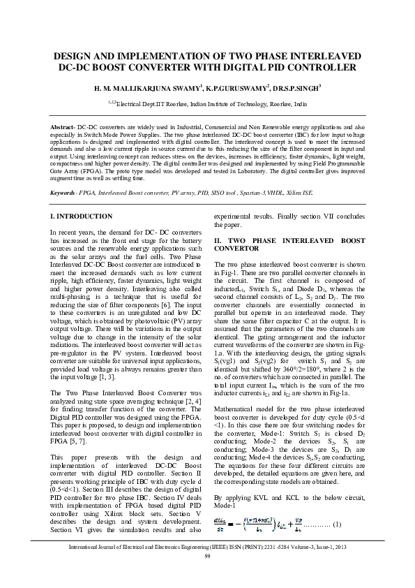 Pdf Design And Implementation Of Two Phase Interleaved Dc Dc Boost Converter With Digital Pid