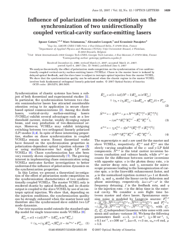 (PDF) Influence of polarization mode competition on the synchronization of two unidirectionally ...