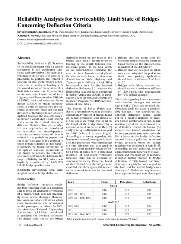 (PDF) Reliability Analysis for Serviceability Limit State of Bridges ...