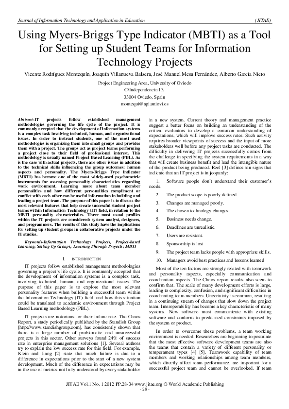 (PDF) Using Myers-Briggs Type Indicator (MBTI) as a Tool for Setting up ...