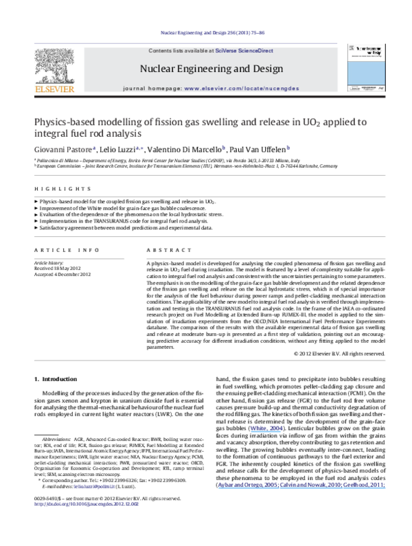 (PDF) Physics-based modelling of fission gas swelling and release in UO2 applied to integral ...