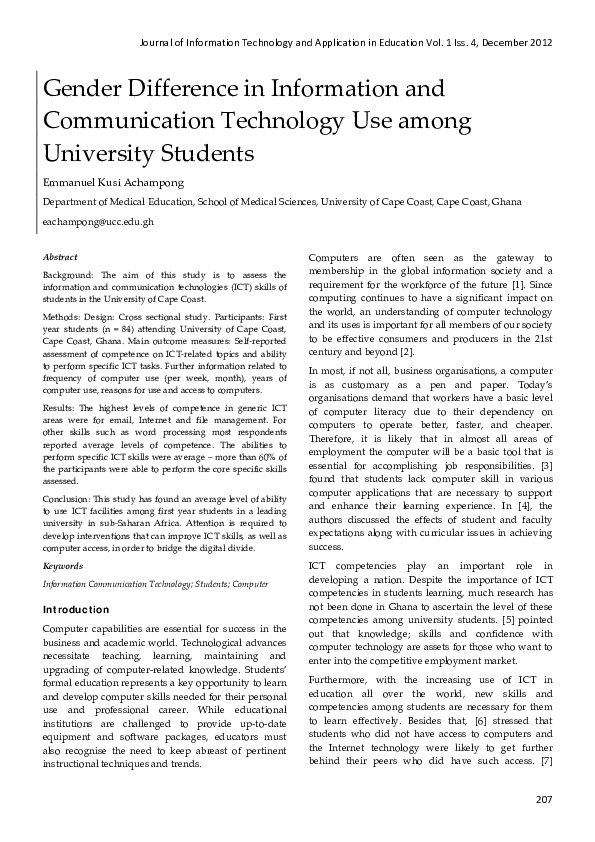 (PDF) Gender Difference in Information and Communication Technology Use among University Students