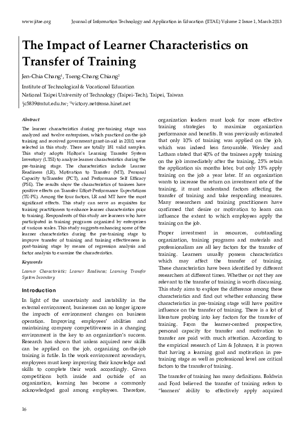 (PDF) The Impact of Learner Characteristics on Transfer of Training