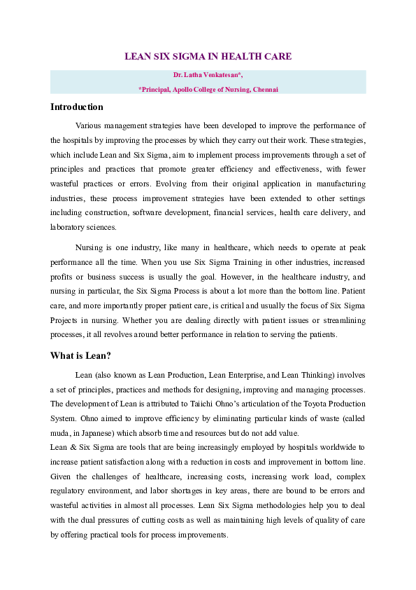 (DOC) LEAN SIX SIGMA IN HEALTH CARE