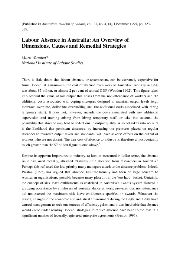 (PDF) Labour absence in Australia: an overview of dimensions, causes ...