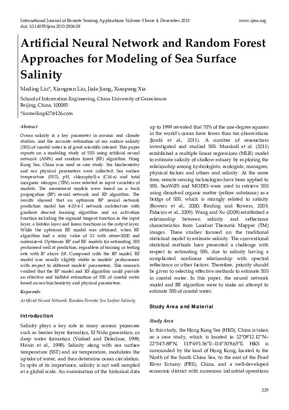 Pdf Artificial Neural Network And Random Forest Approaches For Modeling Of Sea Surface Salinity