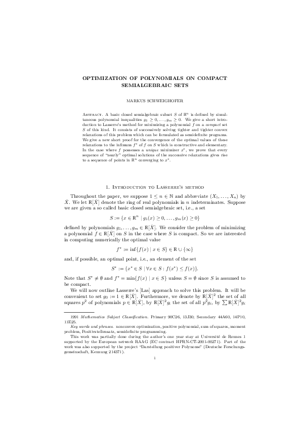 (PDF) Optimization of Polynomials on Compact Semialgebraic Sets