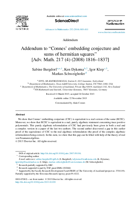 (PDF) Addendum to “Connesʼ embedding conjecture and sums of hermitian squares” [Adv. Math. 217 ...