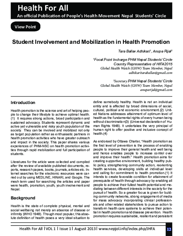 (PDF) Student Involvement and Mobilization in Health Promotion