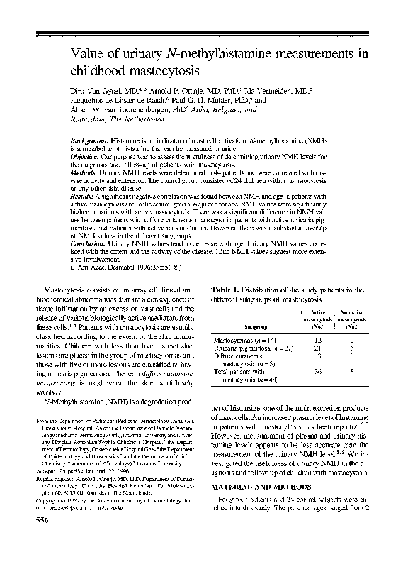 (PDF) Urinary N-methylhistamine in Mastocytosis