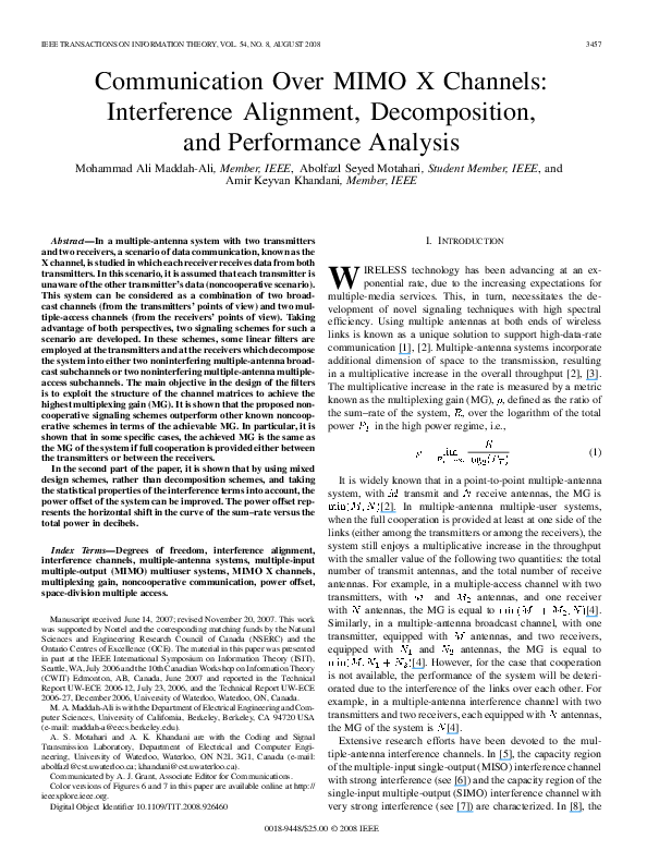 (PDF) Communication Over MIMO X Channels: Interference Alignment, Decomposition, and Performance ...