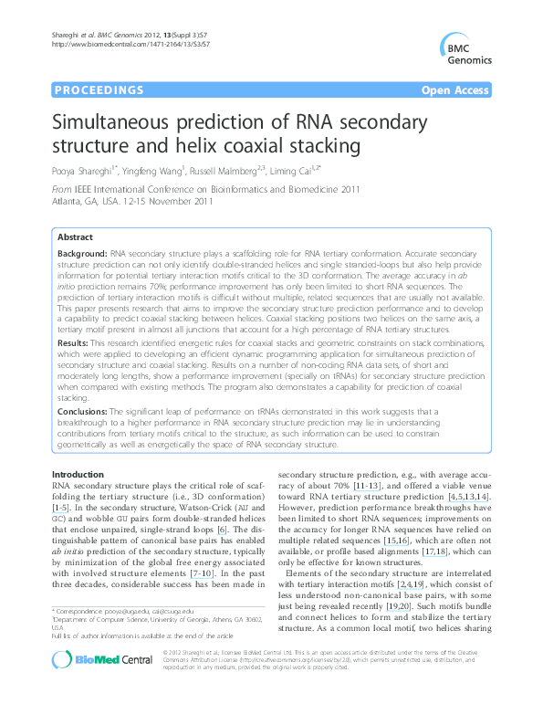 (PDF) Simultaneous Prediction of RNA Secondary Structure and Helix ...