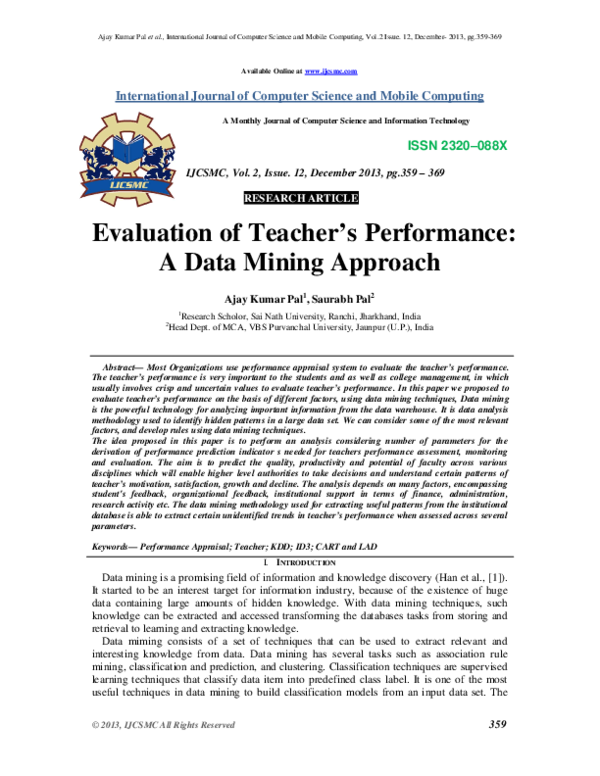 Pdf Evaluation Of Teachers Performance A Data Mining Approach