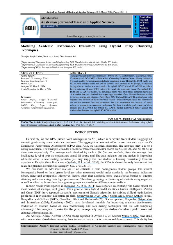 Pdf Modeling Academic Performance Evaluation Using Hybrid Fuzzy Clustering Techniques
