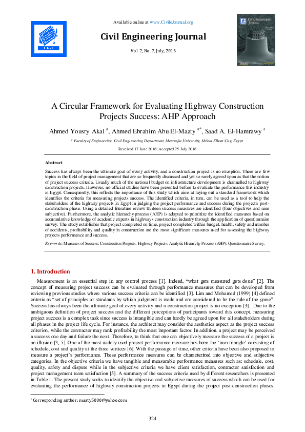 (PDF) A Circular Framework for Evaluating Highway Construction Projects ...