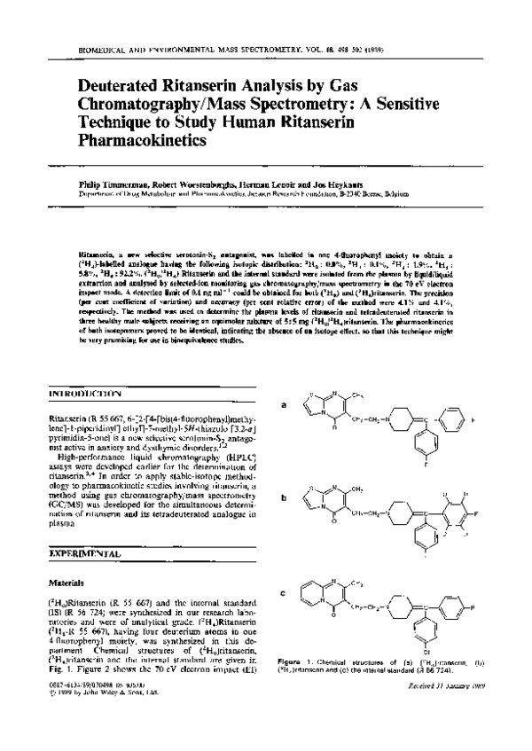 (PDF) Deuterated Ritanserin analysis by gas chromatography/mass ...