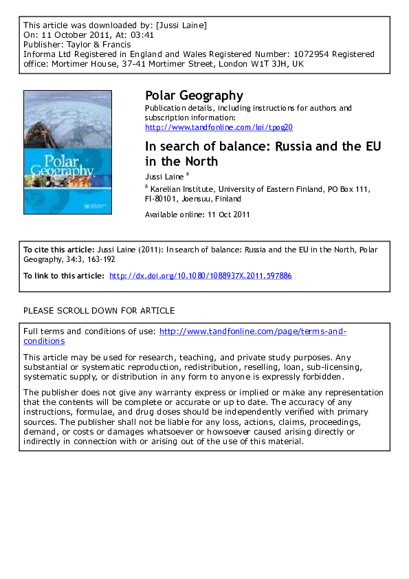 (PDF) In search of balance: Russia and the EU in the North