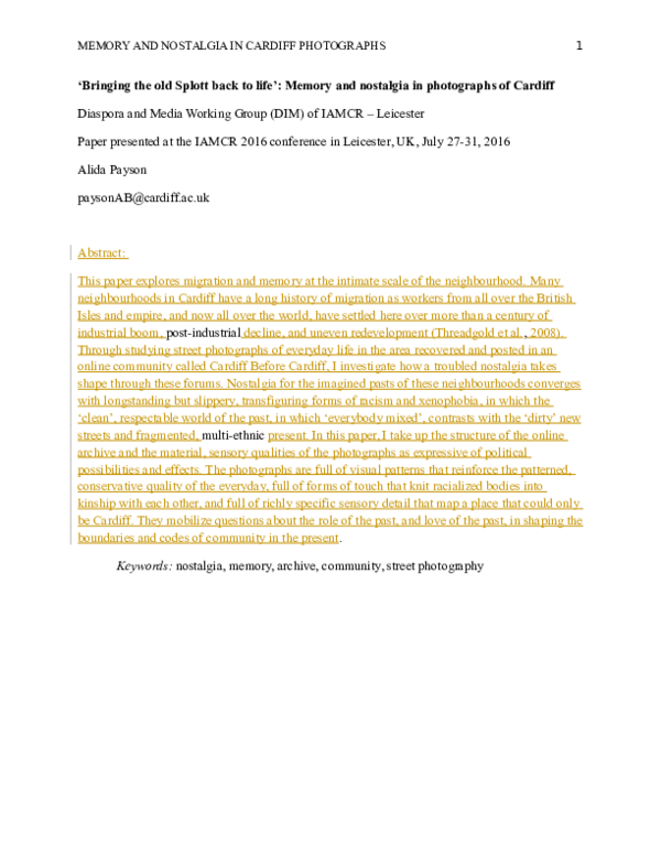 (DOC) ' "Bringing the old Splott back to life": Memory and nostalgia in ...