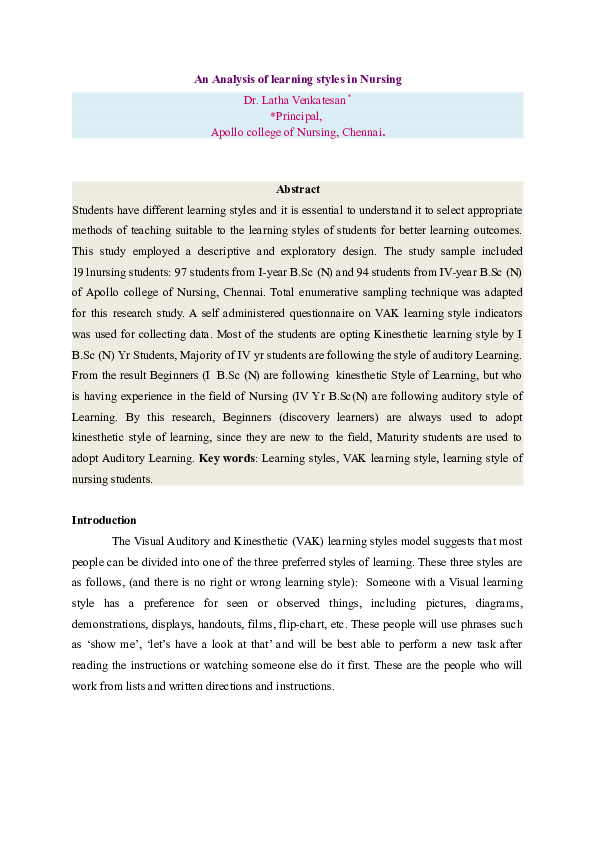 (DOC) An Analysis of learning styles in Nursing