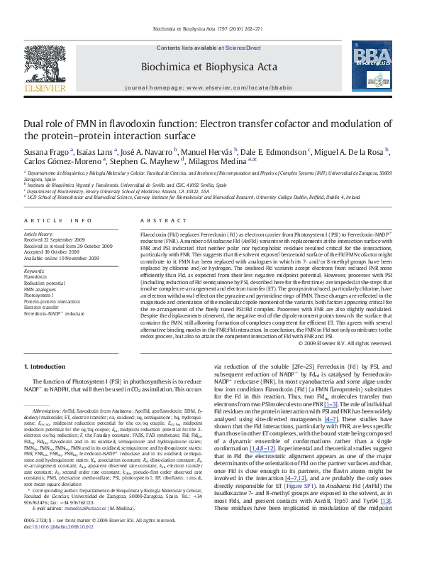 (PDF) Dual role of FMN in flavodoxin function: Electron transfer ...
