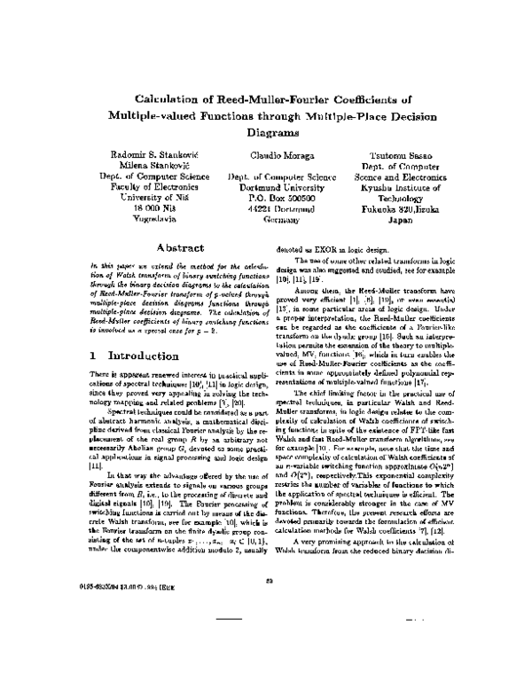 Pdf Calculation Of Reed Muller Fourier Coefficients Of Multiple Valued Functions Through 