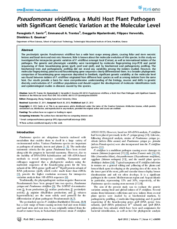 (PDF) Pseudomonas viridiflava, a Multi Host Plant Pathogen with ...