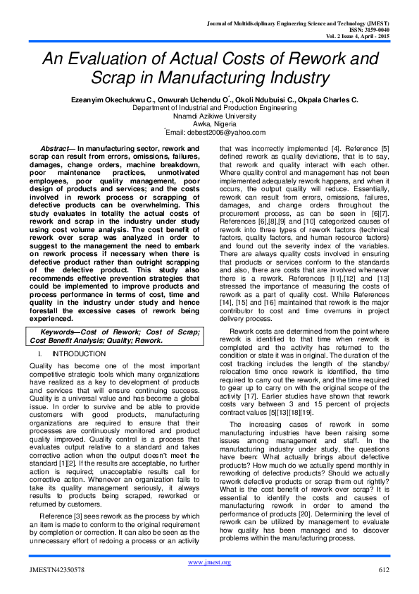 (PDF) An Evaluation of Actual Costs of Rework and Scrap in ...