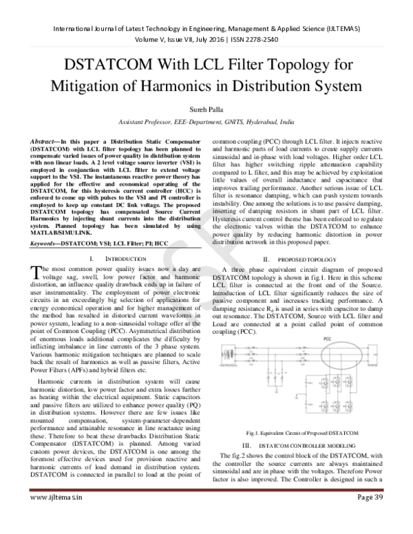 (PDF) DSTATCOM With LCL Filter Topology for Mitigation of Harmonics in Distribution System