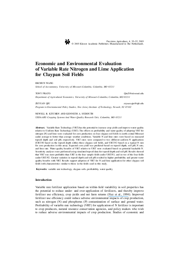 Pdf Economic And Environmental Evaluation Of Variable Rate Nitrogen And Lime Application For