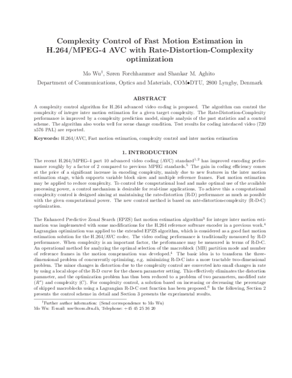 Pdf Rate Distortion Complexity Optimization Of Fast Motion Estimation In H264mpeg 4 Avc