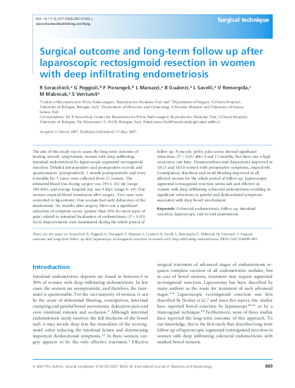 Pdf Surgical Outcome And Long Term Follow Up After Laparoscopic Rectosigmoid Resection In