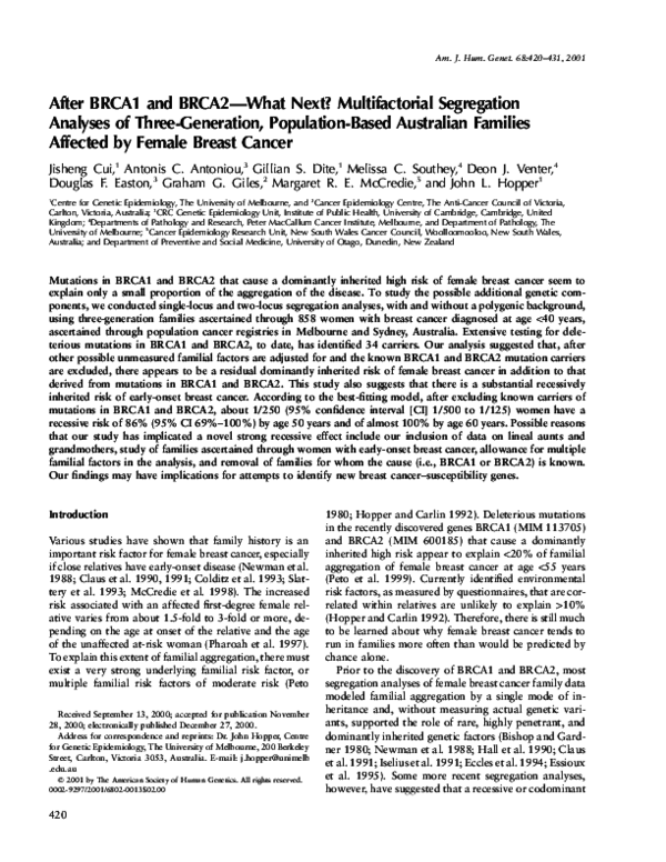 (PDF) After BRCA1 and BRCA2—What Next? Multifactorial Segregation Analyses of Three-Generation ...