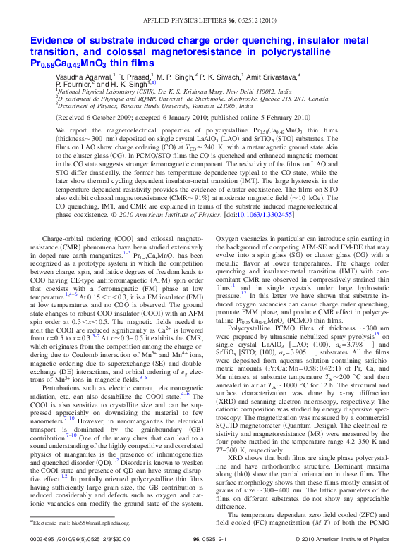 (PDF) Evidence of substrate induced charge order quenching, insulator metal transition, and ...