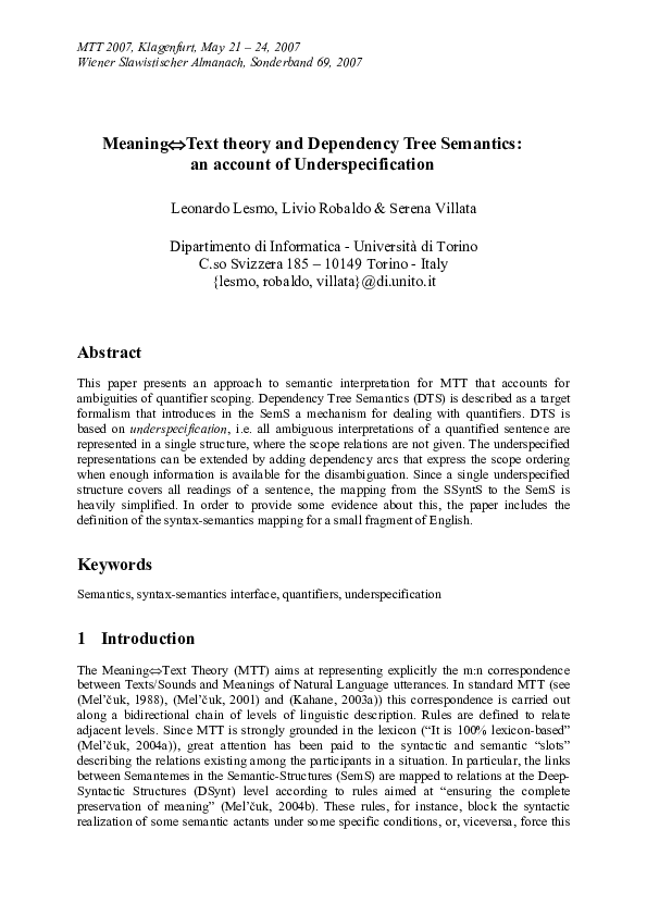 (PDF) Meaning-text theory and dependency tree semantics: an account of underspecification