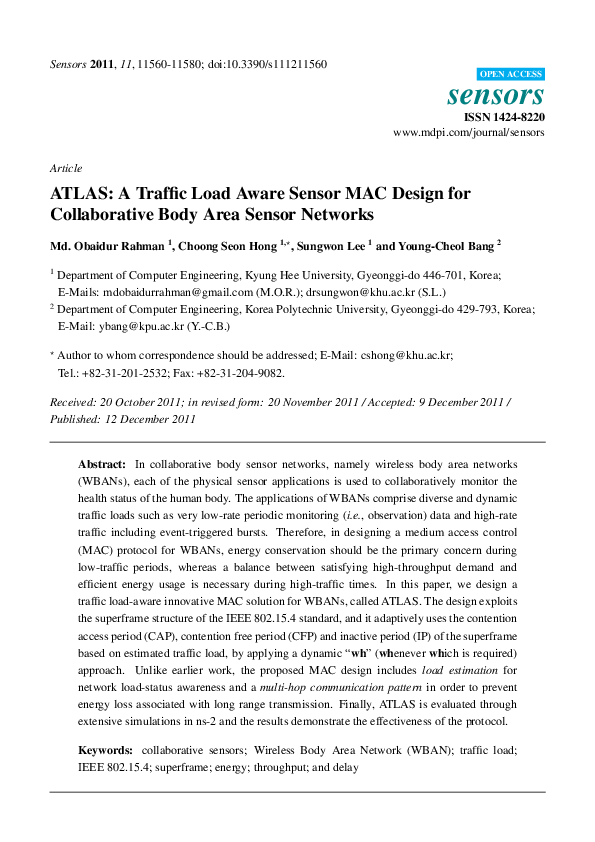 (PDF) ATLAS: A Traffic Load Aware Sensor MAC Design for Collaborative Body Area Sensor Networks