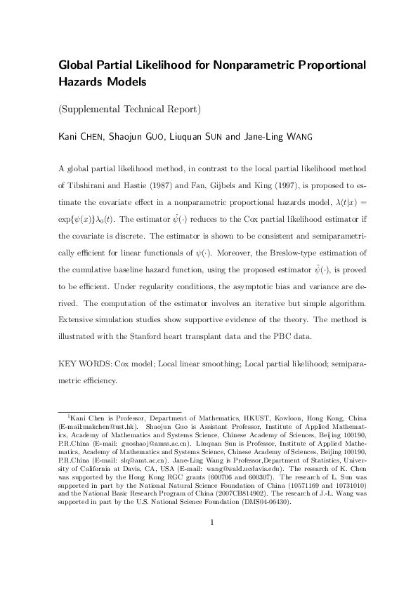 (PDF) Global Partial Likelihood for Nonparametric Proportional Hazards Models