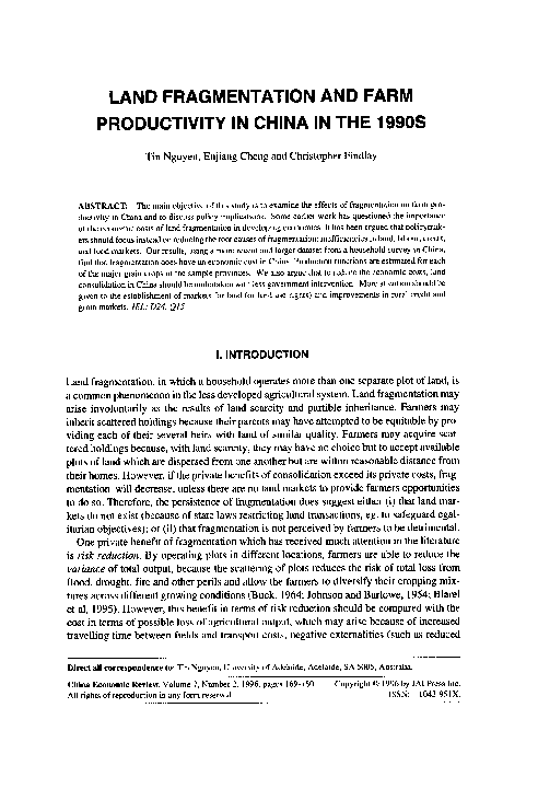(PDF) Land fragmentation and farm productivity in China in the 1990s