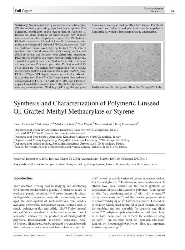 (PDF) Polymeric Linoleic Acid–Polyolefin Conjugates: Cell Adhesion and ...