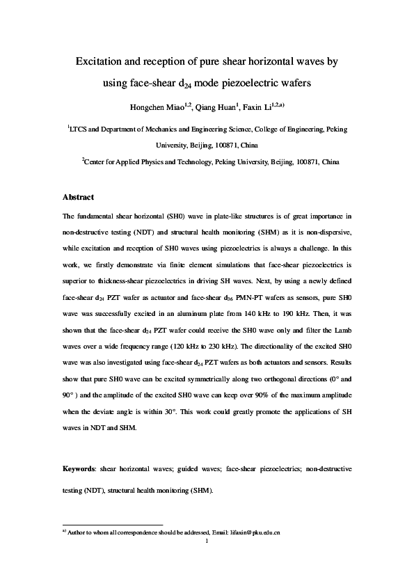 Excitation and reception of pure shear horizontal waves by using face ...