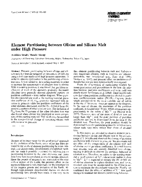 (PDF) Element partitioning between olivine and silicate melt under high pressure