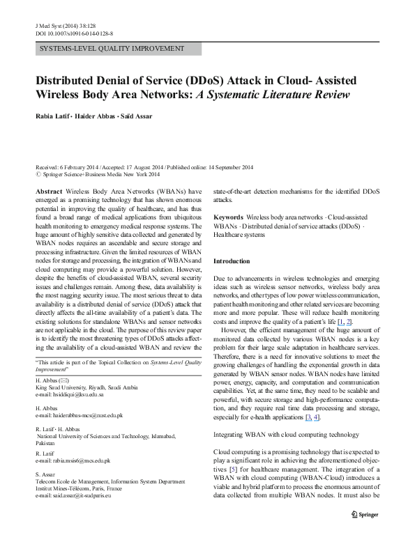 Pdf Distributed Denial Of Service Ddos Attack In Cloud Assisted Wireless Body Area Networks